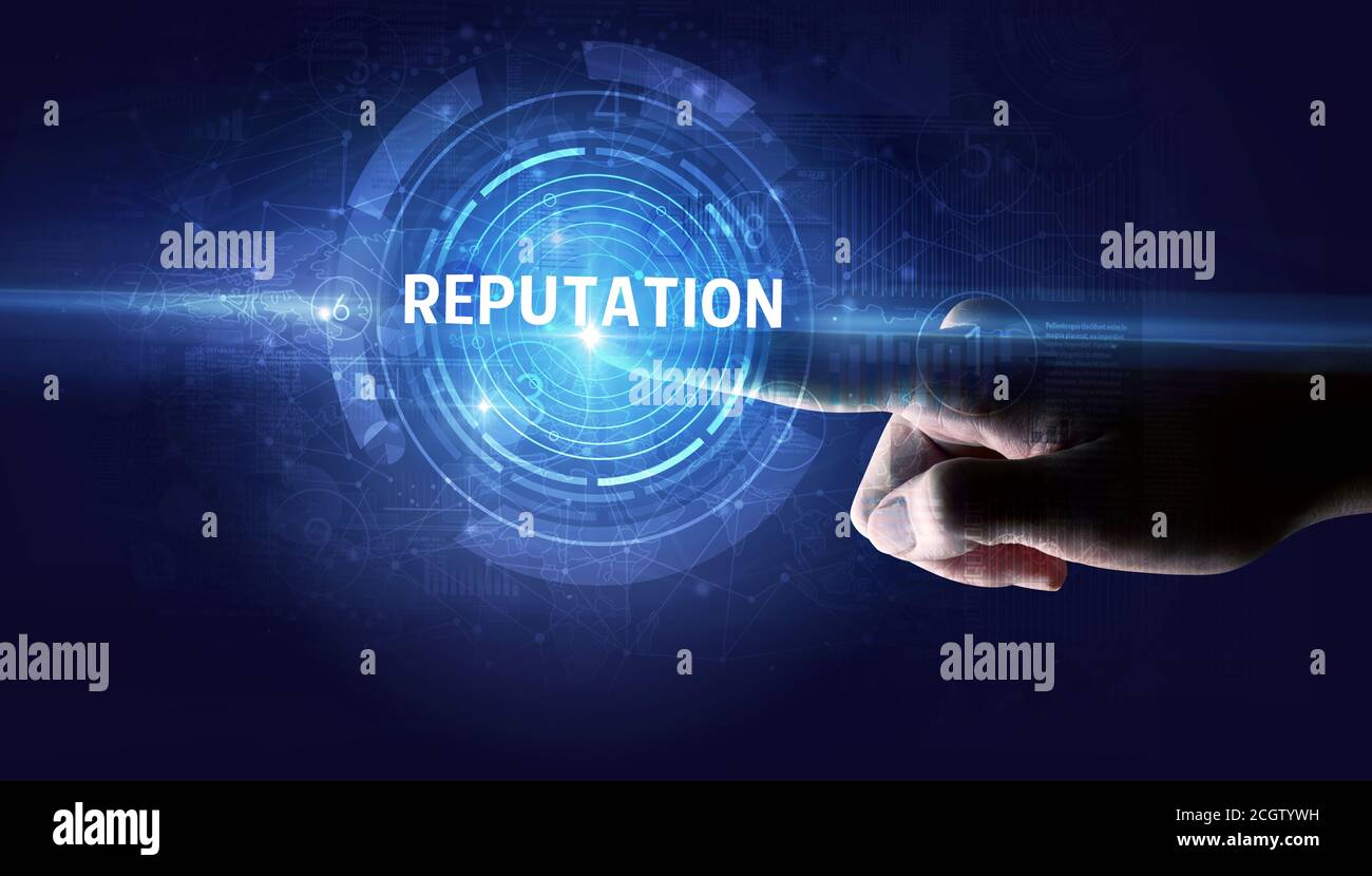 Hand touching REPUTATION button, modern business technology concept ...