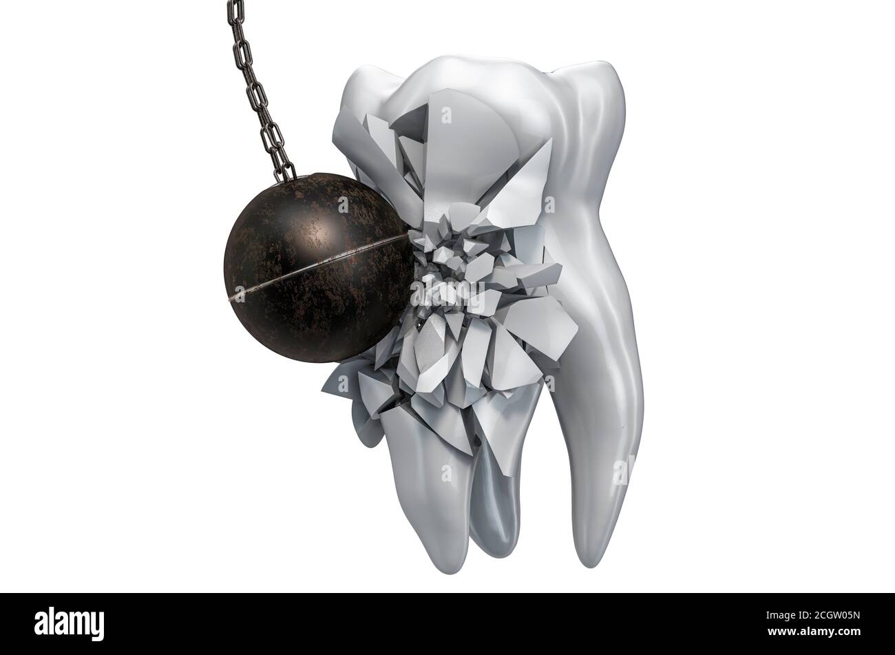 Tooth destroying by wrecking ball. Tooth Pain concept. 3D rendering ...