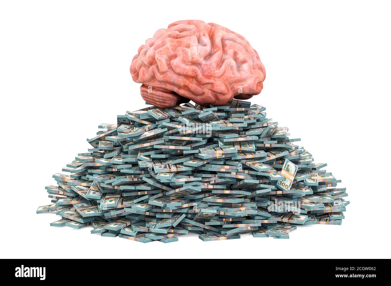 Human brain on the heap of dollar packs, 3D rendering isolated on white ...