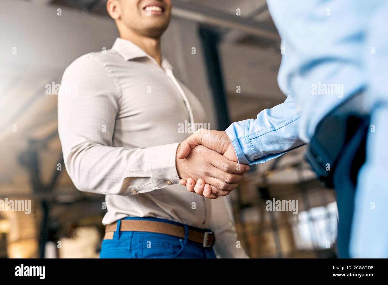 Two adult men making handshake gesture after deal Stock Photo - Alamy