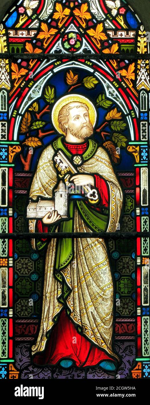 St. Peter, stained glass, window, by Preedy 1863, saint holding model ...