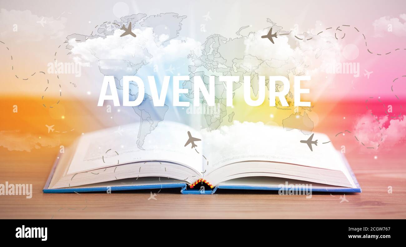 Open book with ADVENTURE inscription, vacation concept Stock Photo - Alamy