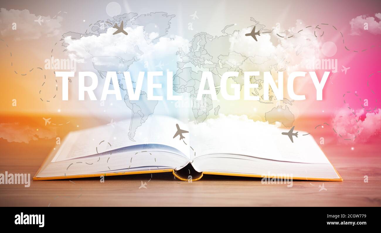 Open book with TRAVEL AGENCY inscription, vacation concept Stock Photo ...