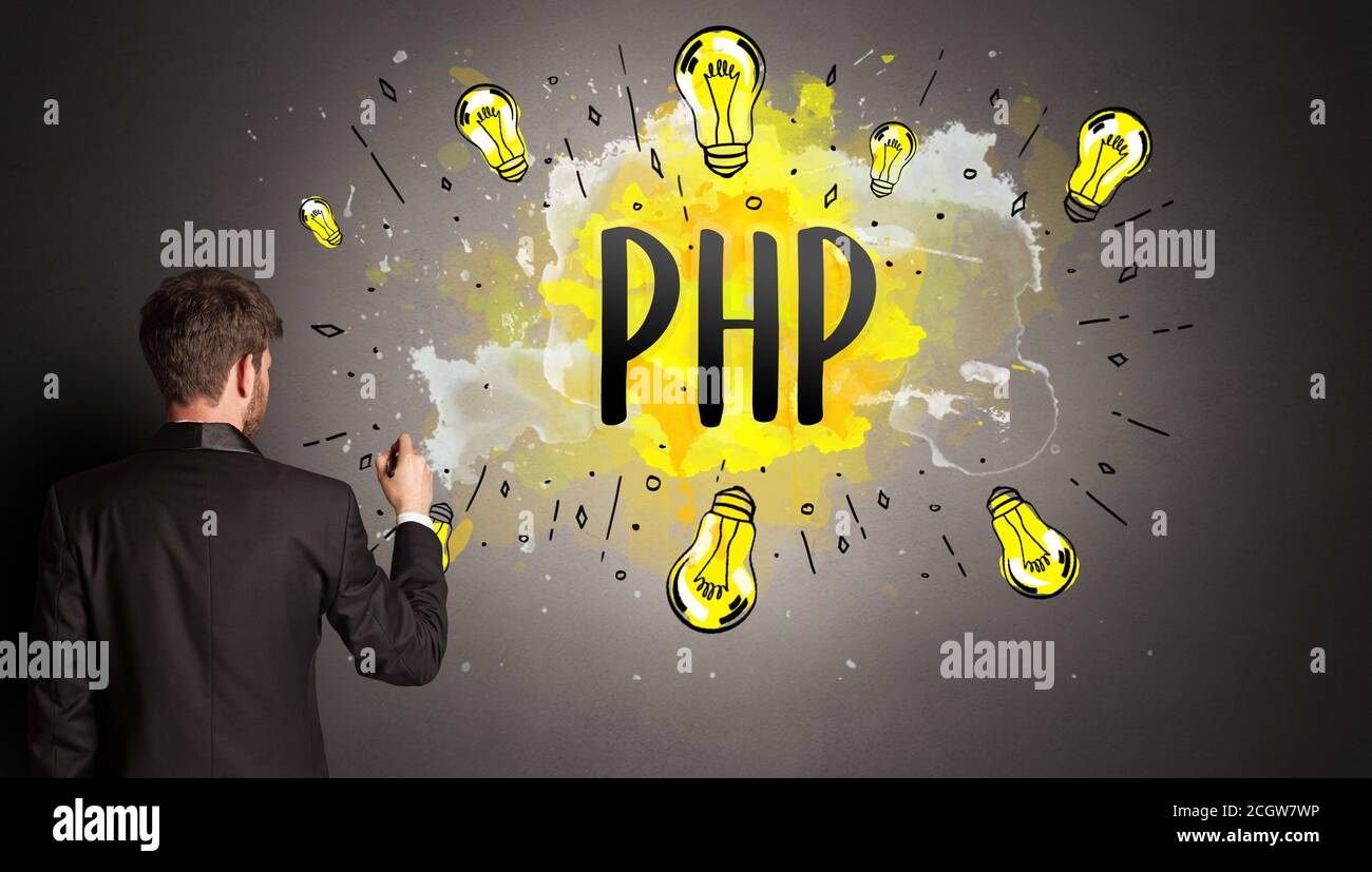 businessman drawing colorful light bulb with PHP abbreviation, new ...
