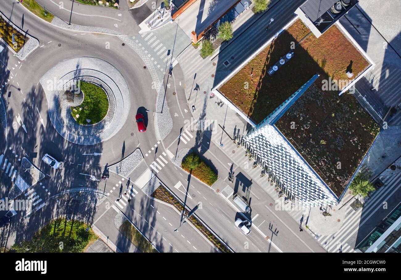 Aerial view of the roundabout. The cars moving on the roundabout. The ...