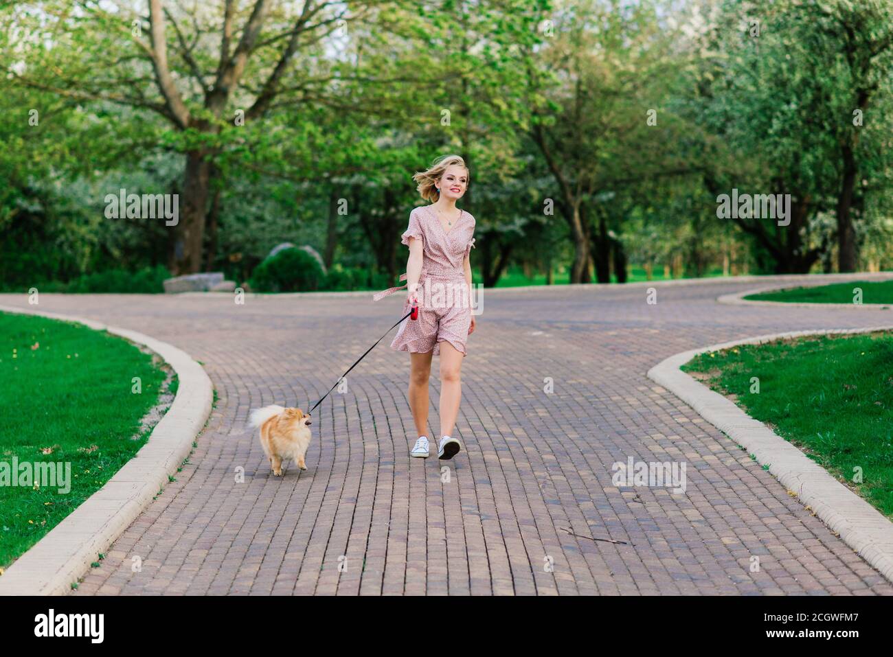 Portrait of a young glamorous female wearing pink dress holding her ...