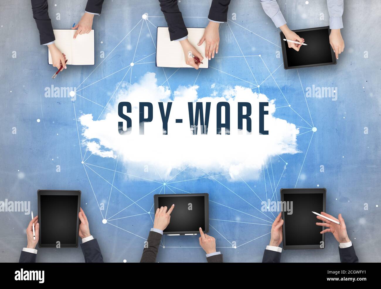 Group of people having a meeting with SPY-WARE insciption, web security ...