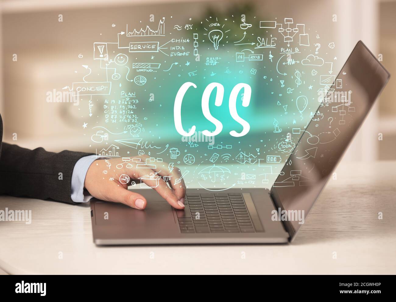 hand working on new modern computer with CSS abbreviation, modern ...