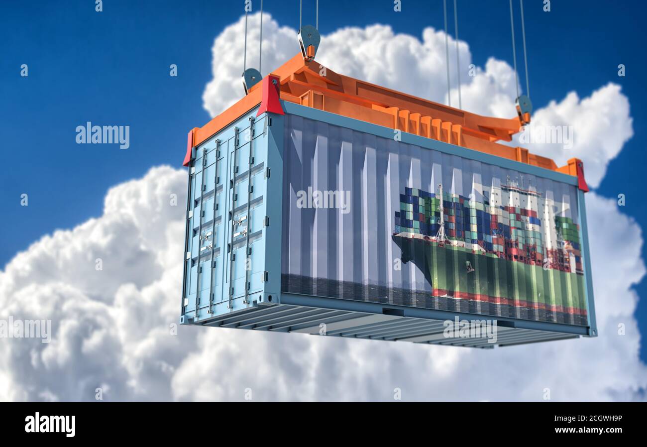 Cargo container with Container Ship on the side panel. 3D Rendering ...