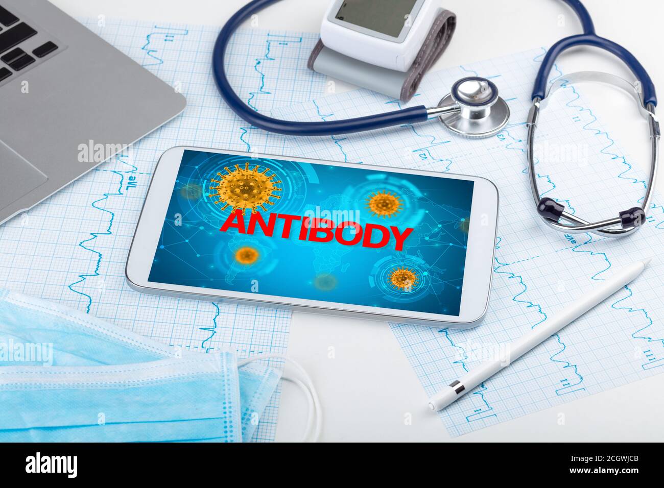 Close-up view of a tablet pc with ANTIBODY inscription, microbiology ...