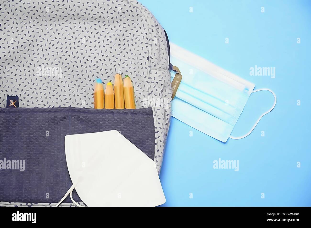 illustration of backpack colored pencils and face masks. flat lay flat ...