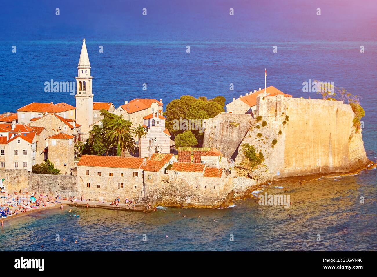 Old town in Budva in a beautiful summer day top view. Ancient city ...