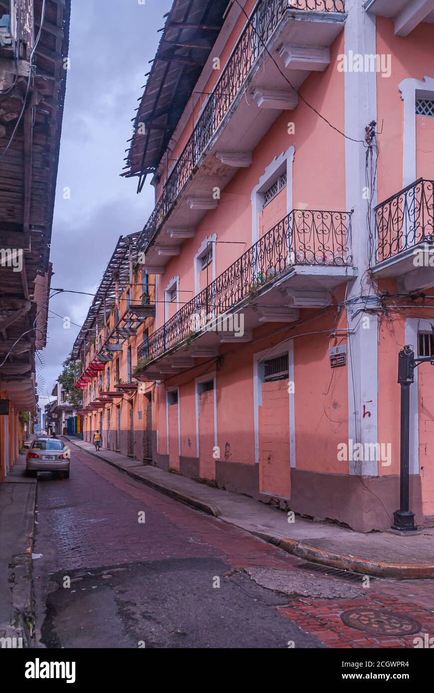 Panama City, Panama - November 30, 2008: Narrow street with pink ...