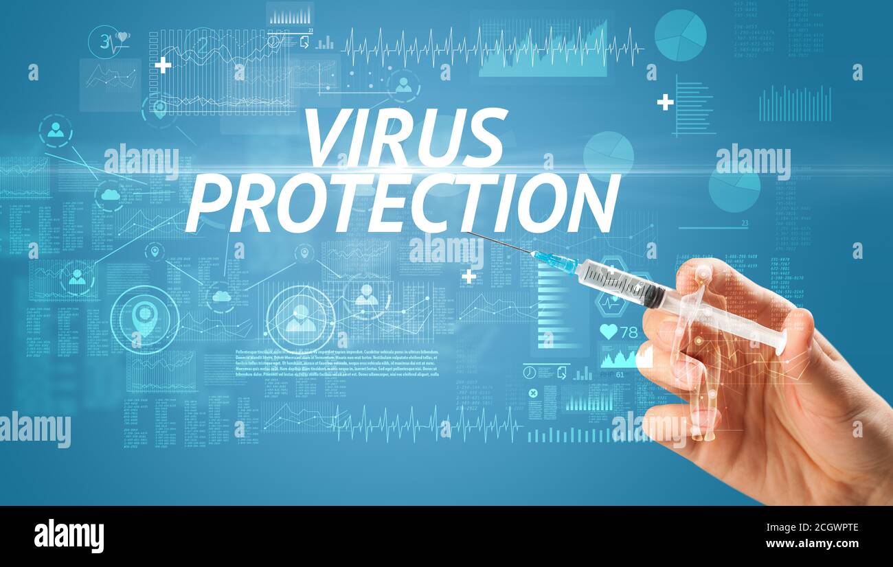 Syringe needle with virus vaccine and VIRUS PROTECTION inscription, antidote concept Stock Photo ...