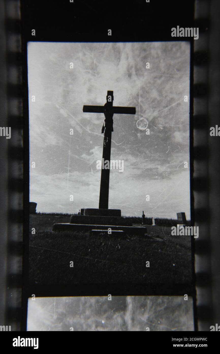 Fine 70s vintage black and white photography of a very tall cross ...