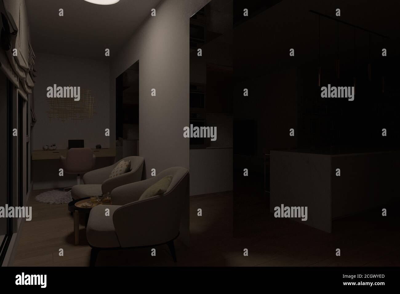 3d illustration interior design of a city apartment with relaxation and ...