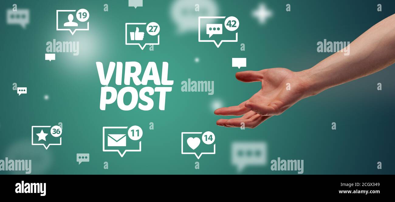 Close-Up of cropped hand pointing at VIRAL POST inscription, social ...