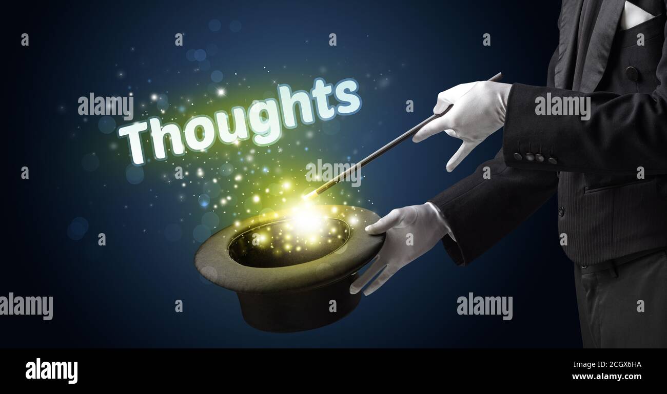 Magician is showing magic trick with Thoughts inscription, educational ...