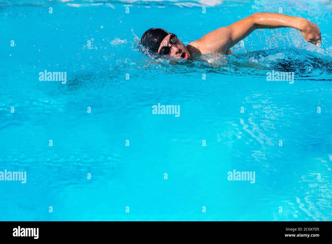 Swimming pool man swimmer training crawl stroke swim technique in ...