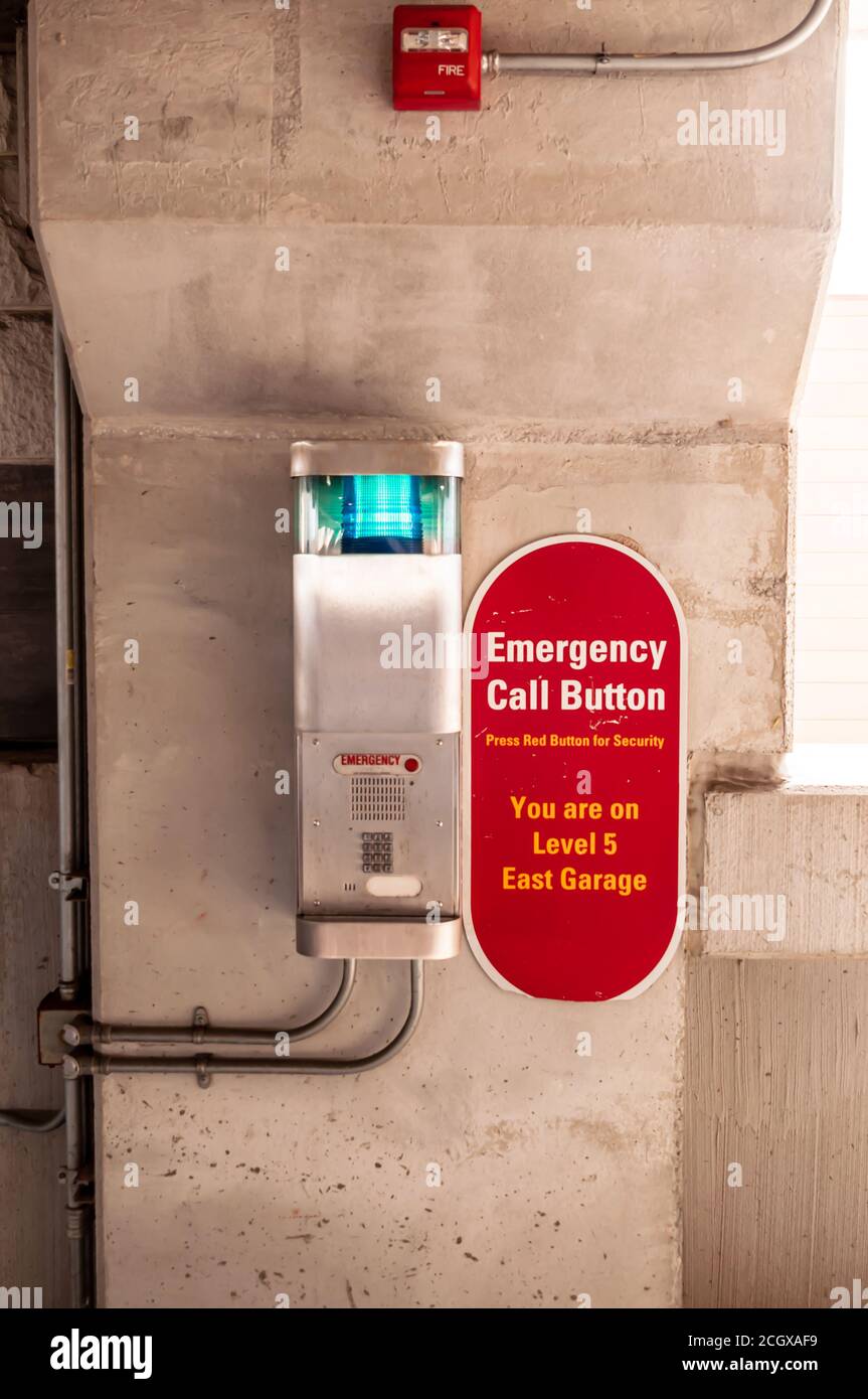 An emergency call button box on the 5th level of the east garage in the ...