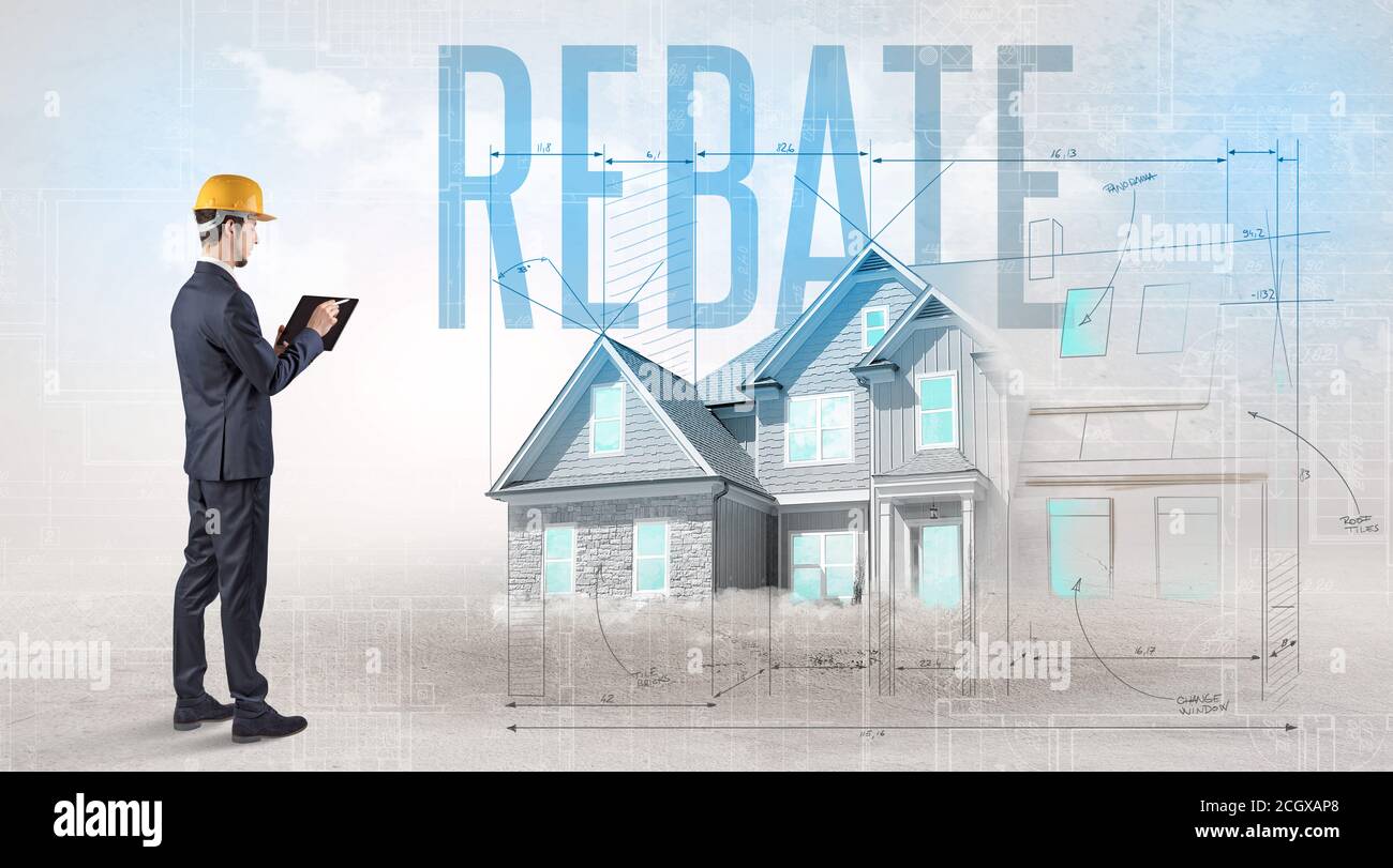 Young engineer holding blueprint with REBATE inscription, house ...