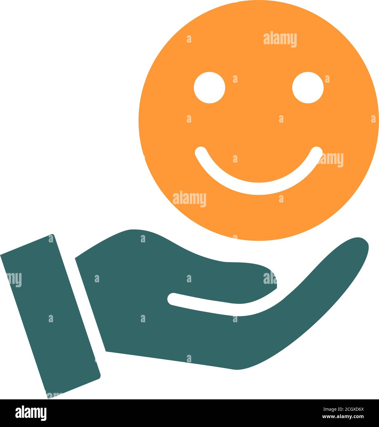 Hand holds happy emoji, good mood colored icon. Share positive emotions ...