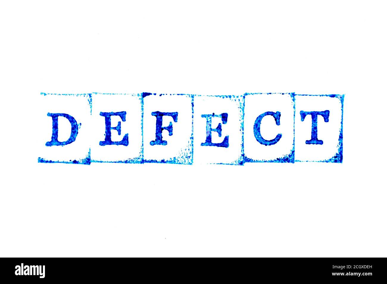 Blue color ink of rubber stamp in word defect on white paper background ...