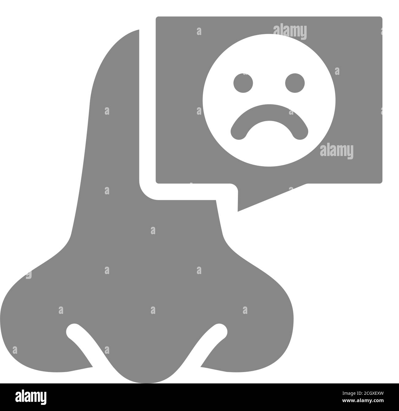 Nose with sad face in chat bubble grey icon. Diseased of nose symbol ...