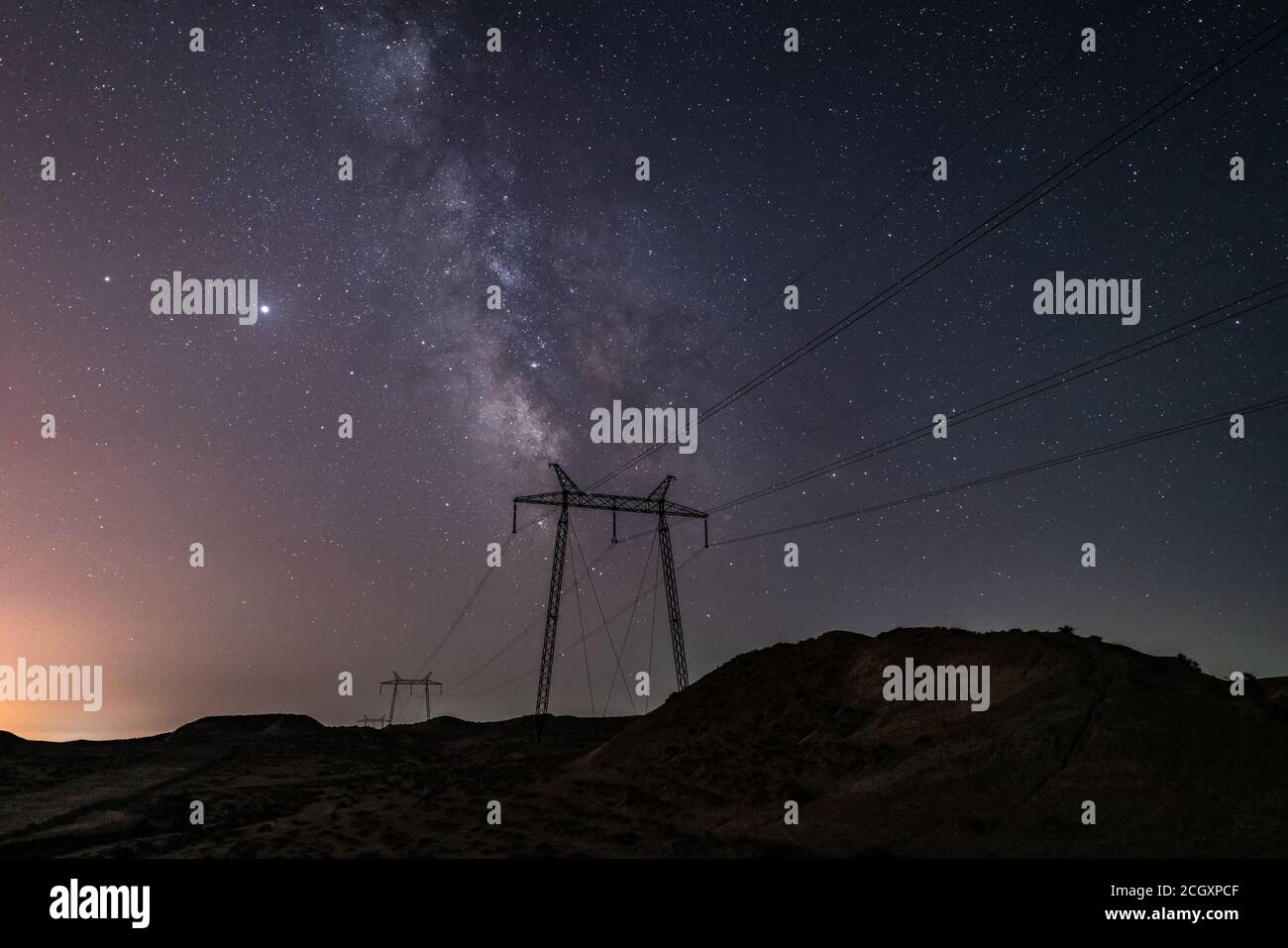 Milky Way galaxy in the night sky above power line supports Stock Photo ...