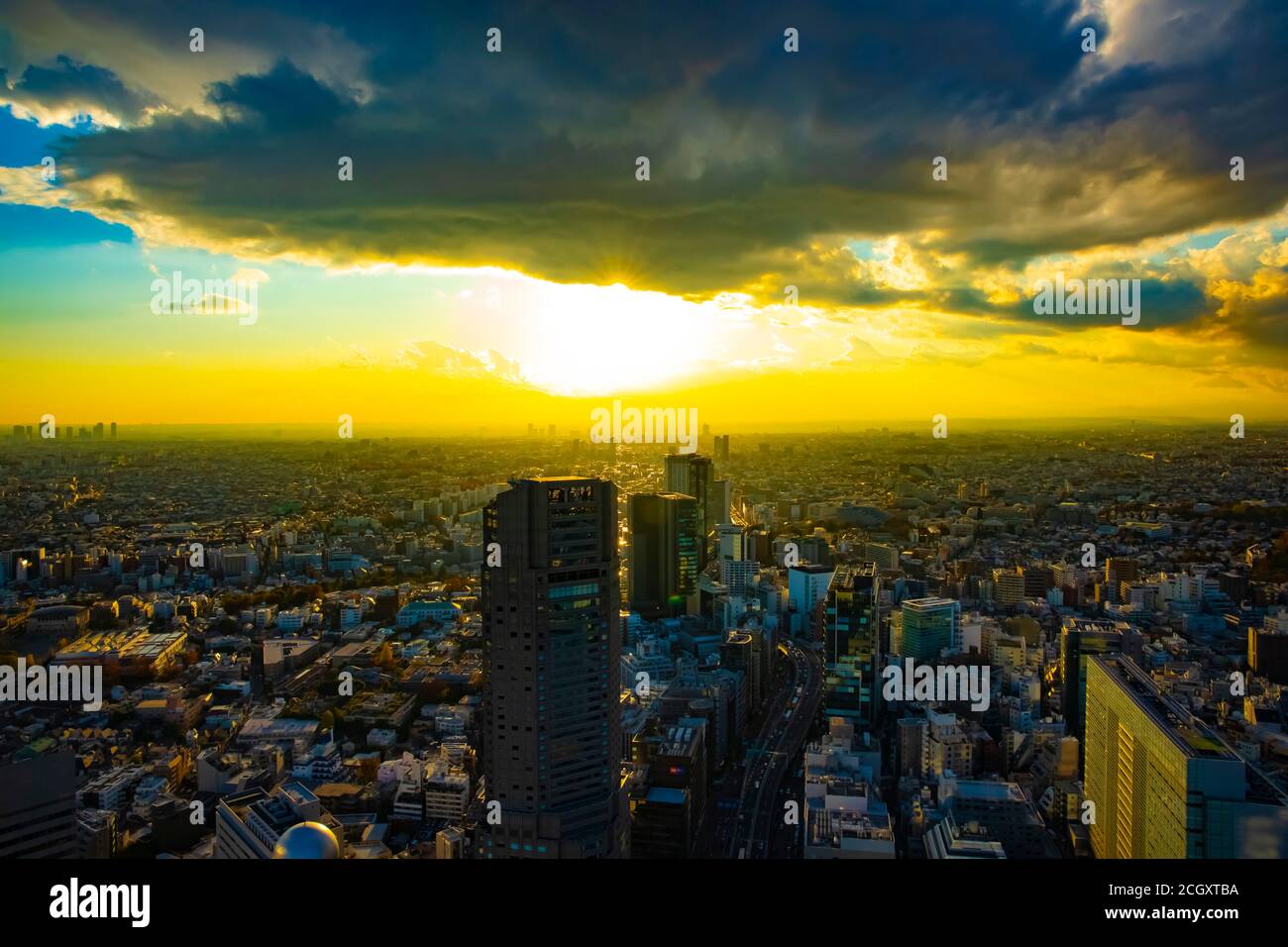 A dusk panoramic urban cityscape in Tokyo high angle wide shot Stock ...