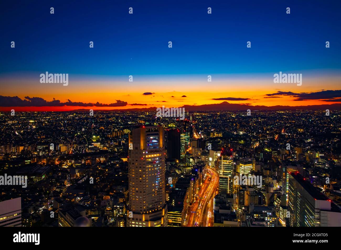 A dusk panoramic urban cityscape in Tokyo high angle wide shot Stock ...