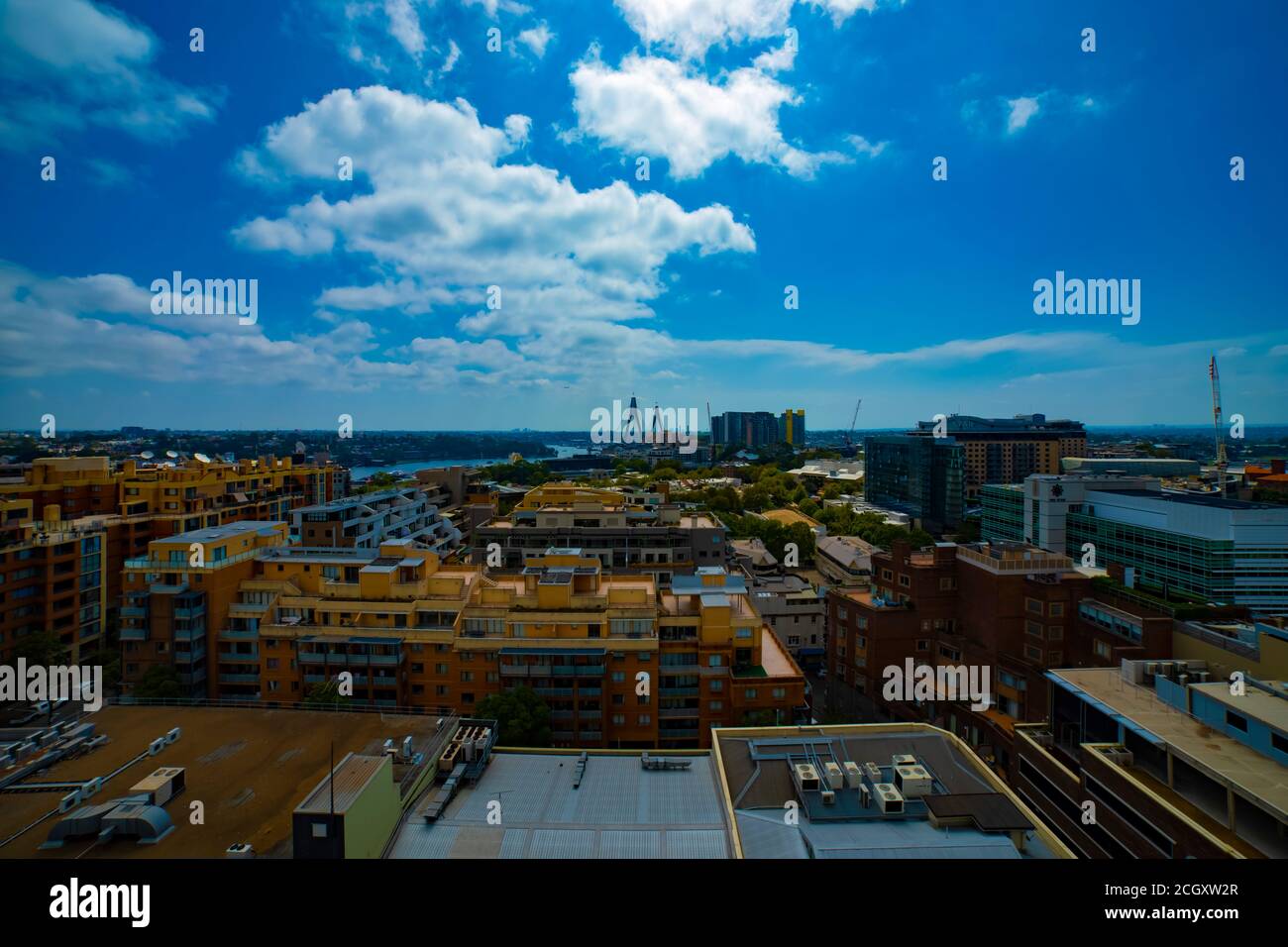 A panoramic cityscape at the downtown in Sydney high angle wide shot ...