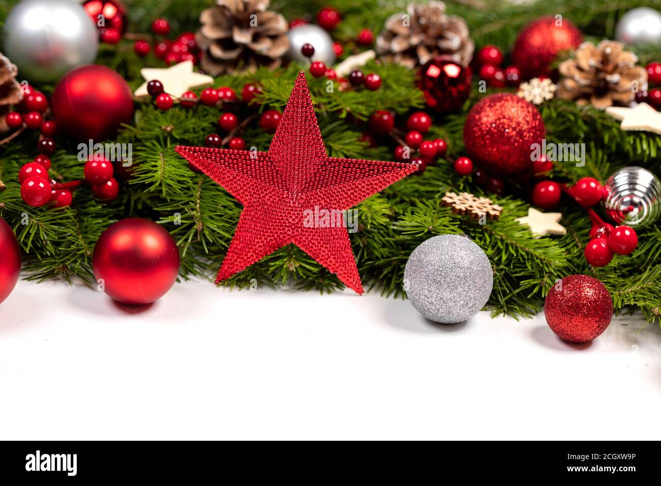 Christmas Border frame of tree branches on white background with copy ...