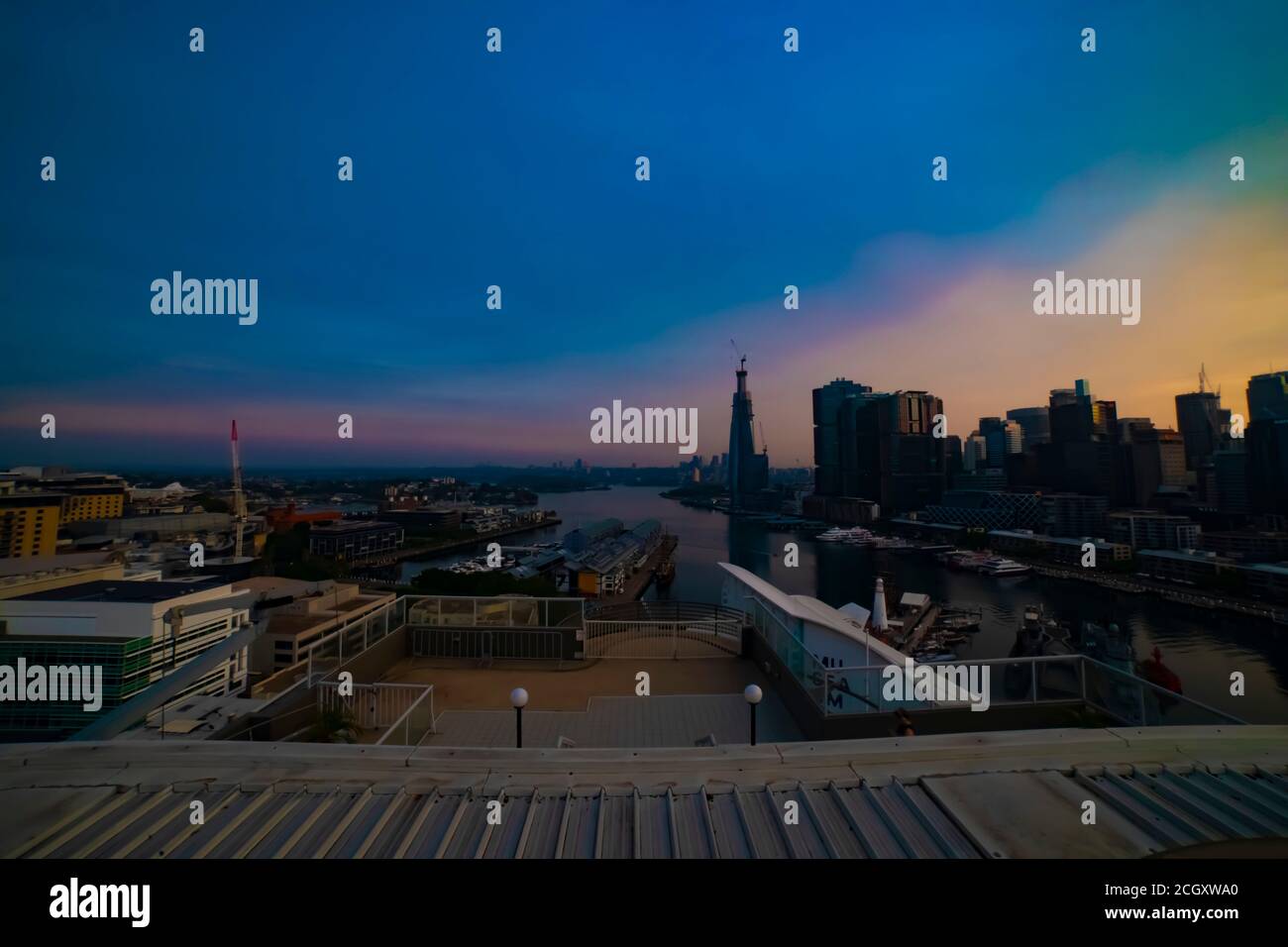 A dawn bay area at Darling harbour in Sydney high angle wide shot Stock ...