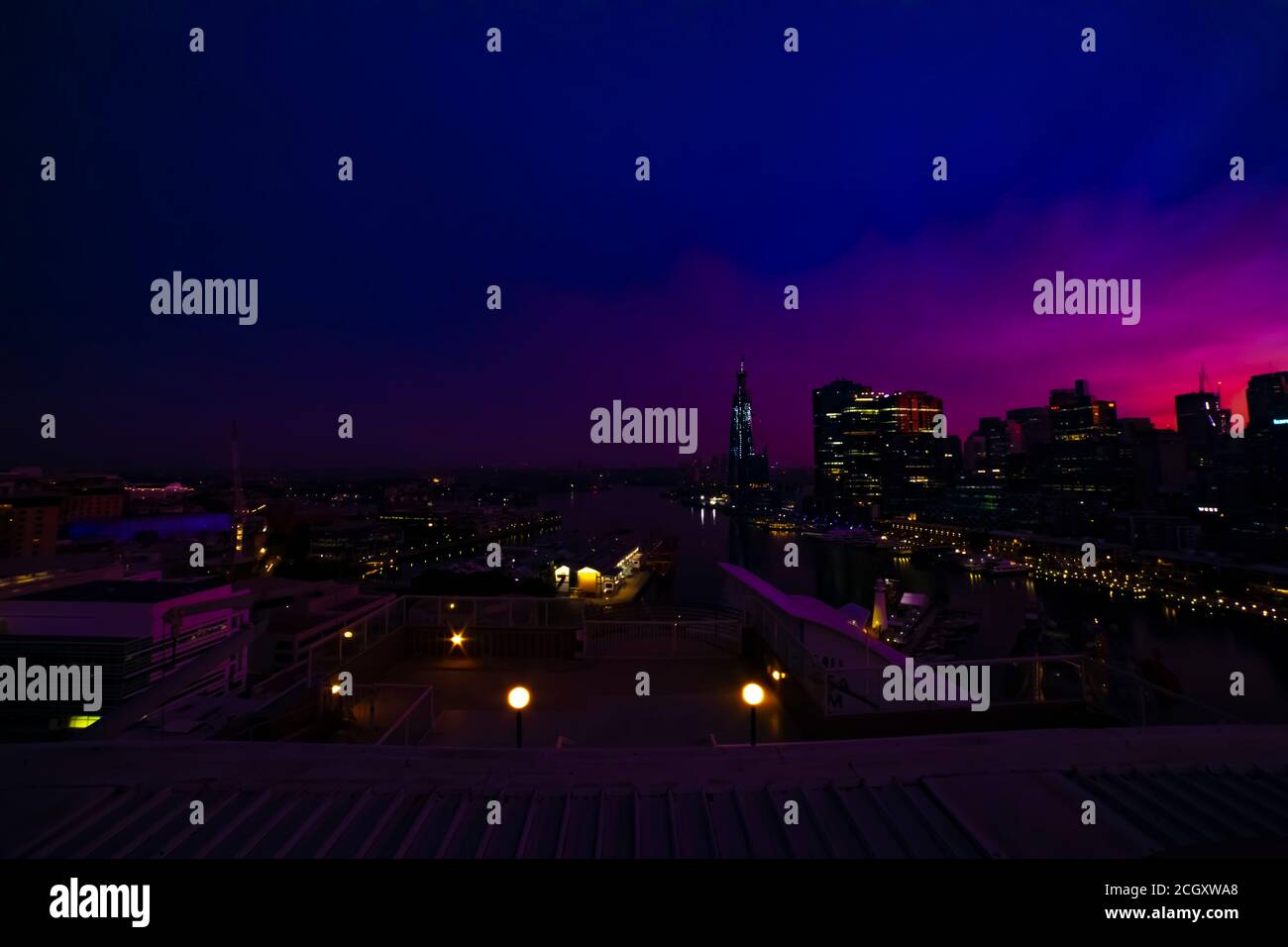 A dawn bay area at Darling harbour in Sydney high angle wide shot Stock ...