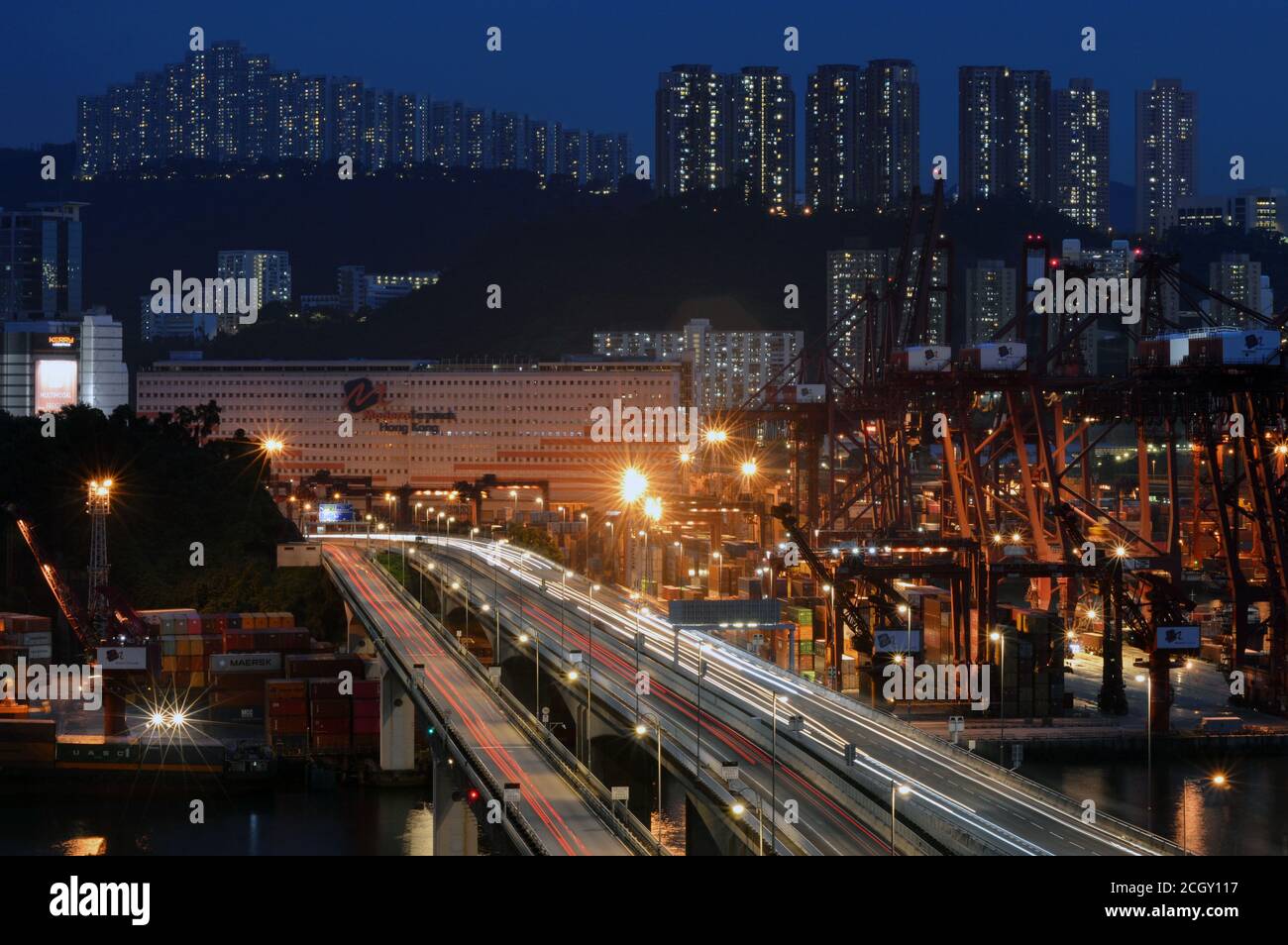 Kwai Tsing Container Terminals and highway bridge at night, Port of ...