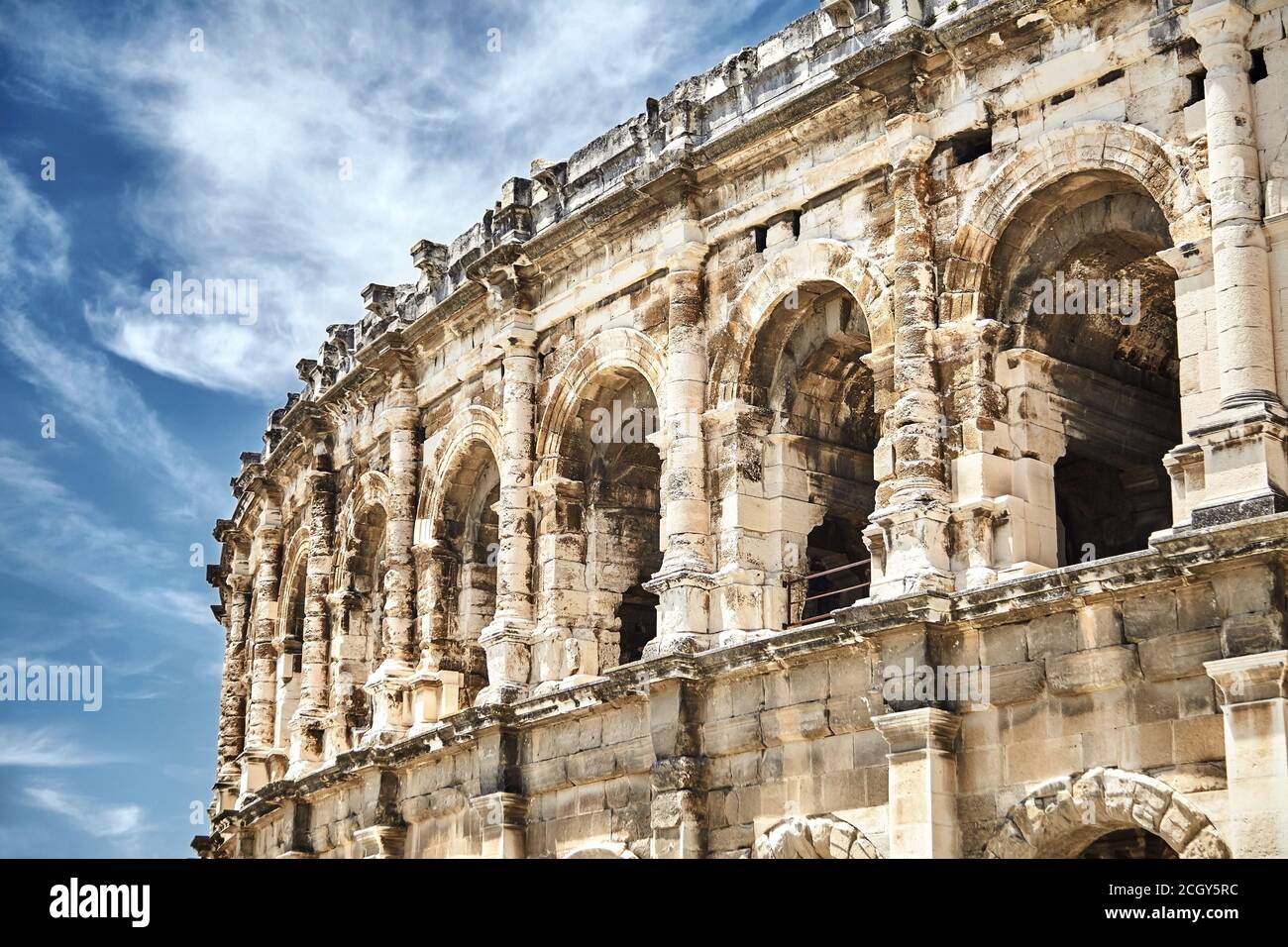 View on the ancient Roman amphitheatre in Nimes city in the Occitanie ...