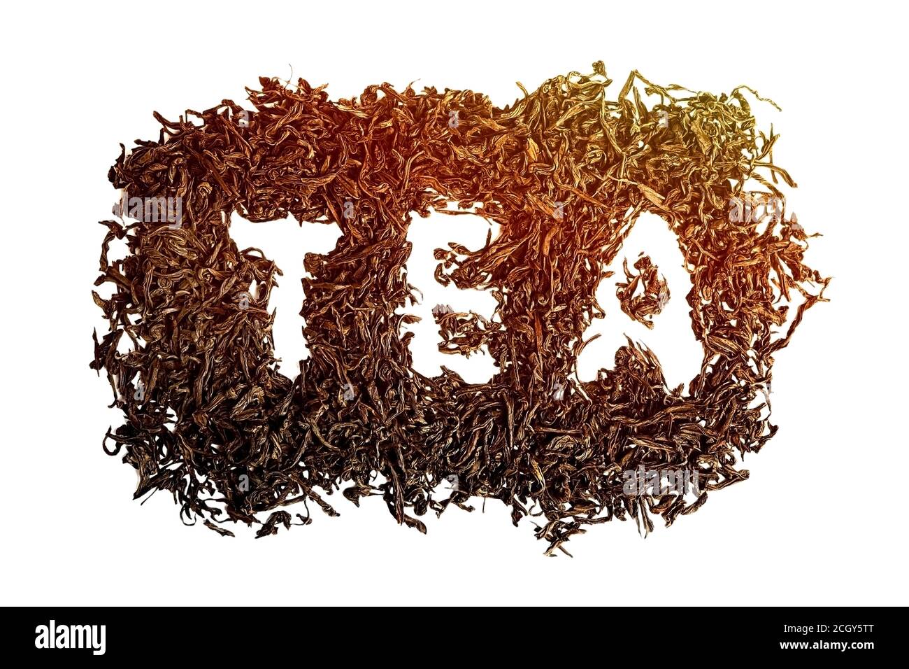 Dry black tea leaves. Isolated on white background. Inscription, text ...