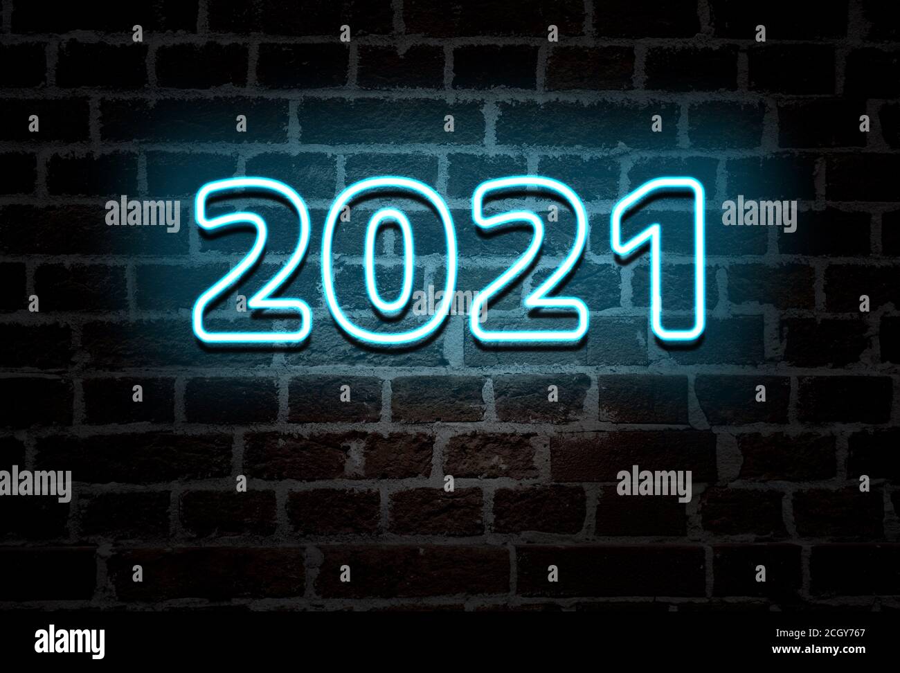 2021 blue neon sign text on brick wall, decoration Stock Photo - Alamy