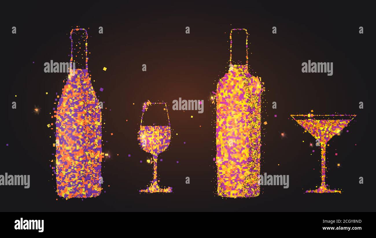 Set of silhouettes of wine glasses and bottles on black background ...