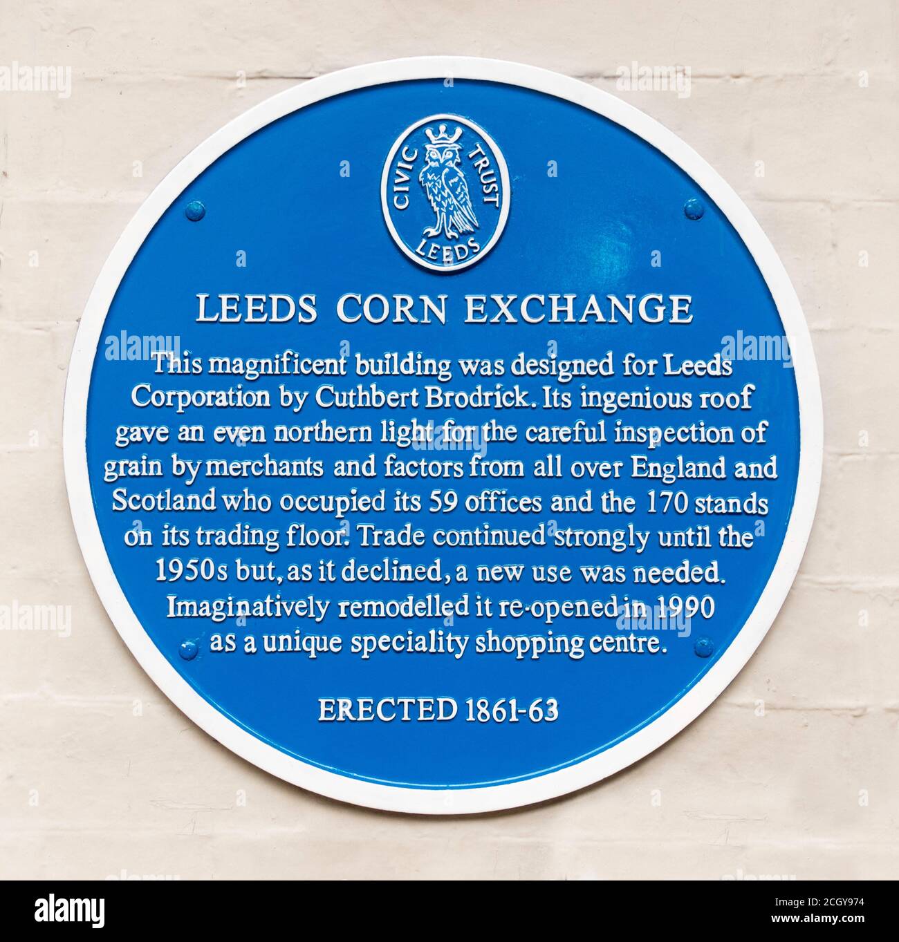 A blue plaque within Leeds Corn Exchange provided by Leeds Civic Trust ...