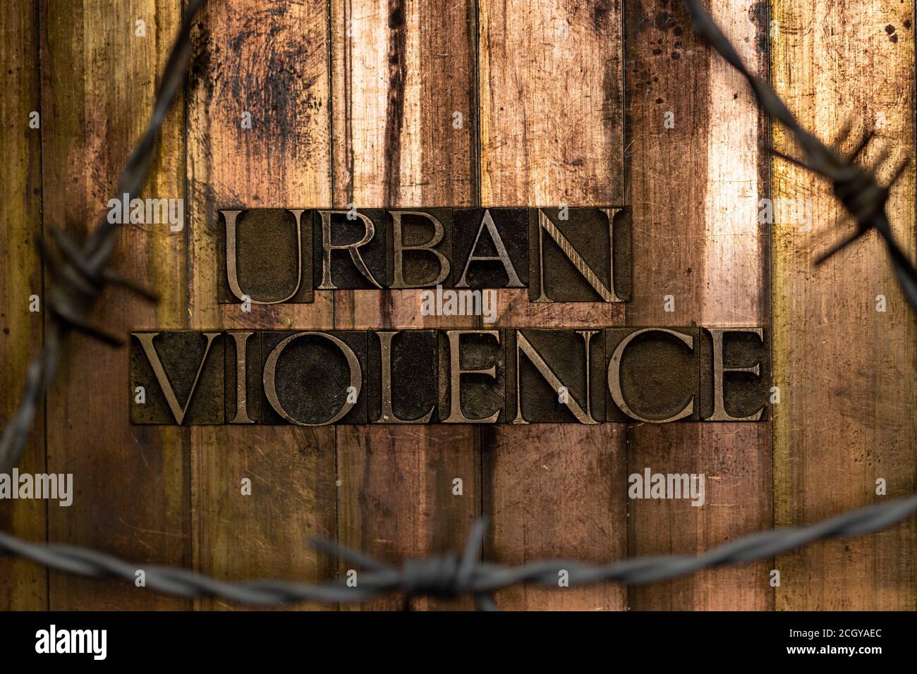 Urban Violence text formed by real authentic typeset letters on vintage ...