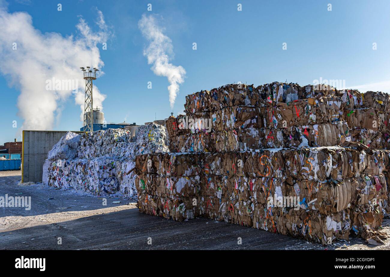 Sweden, Orebro, 24.02.2020: Bales of cardboard and box board. Waste ...