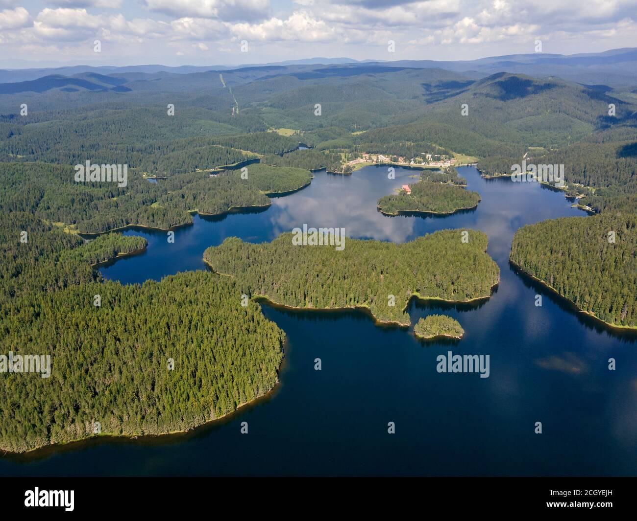 Aerial view of Shiroka polyana (Wide meadow) Reservoir, Pazardzhik ...
