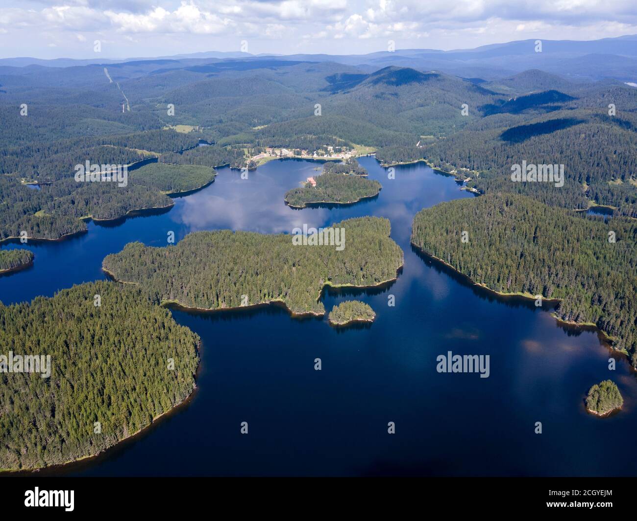 Aerial view of Shiroka polyana (Wide meadow) Reservoir, Pazardzhik ...