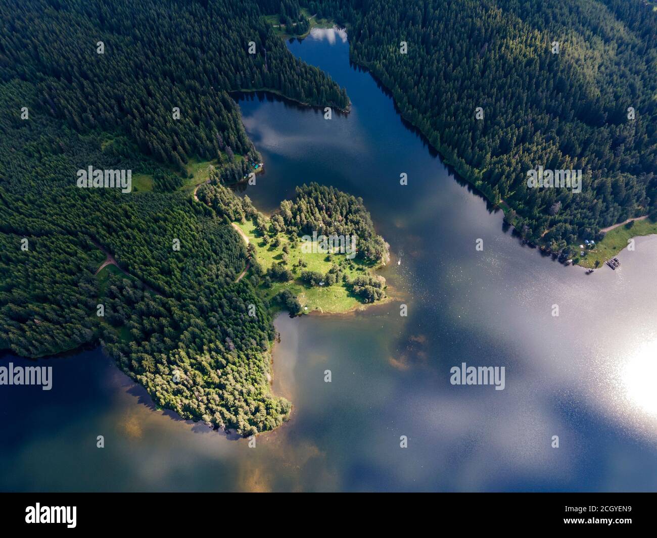 Aerial view of Shiroka polyana (Wide meadow) Reservoir, Pazardzhik ...