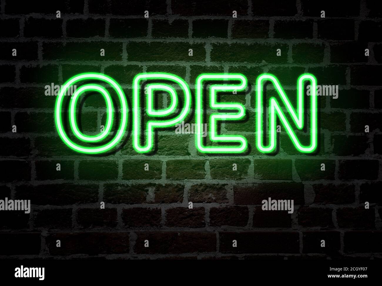 OPEN - neon light entrance sign on brick wall Stock Photo - Alamy