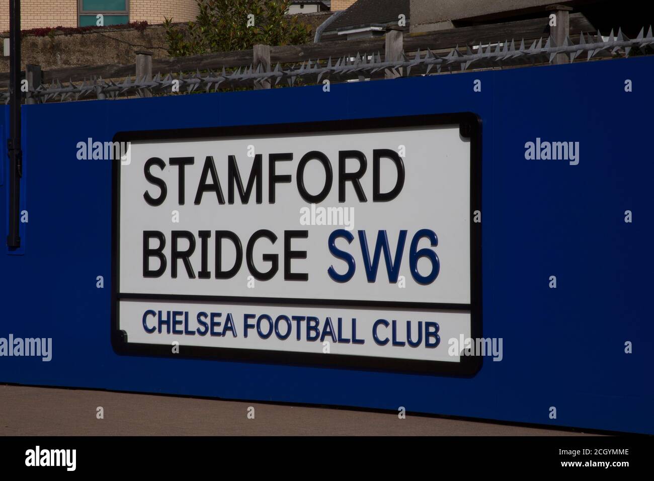 Sign on the wall for Stamford Bridge stadium home of Chelsea Football ...