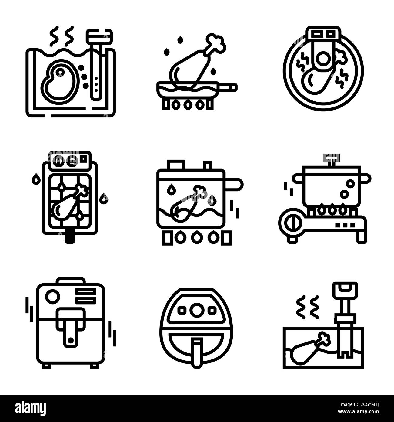 Icon set of modern cooking machine, Sous vide cooking, air fryer ...