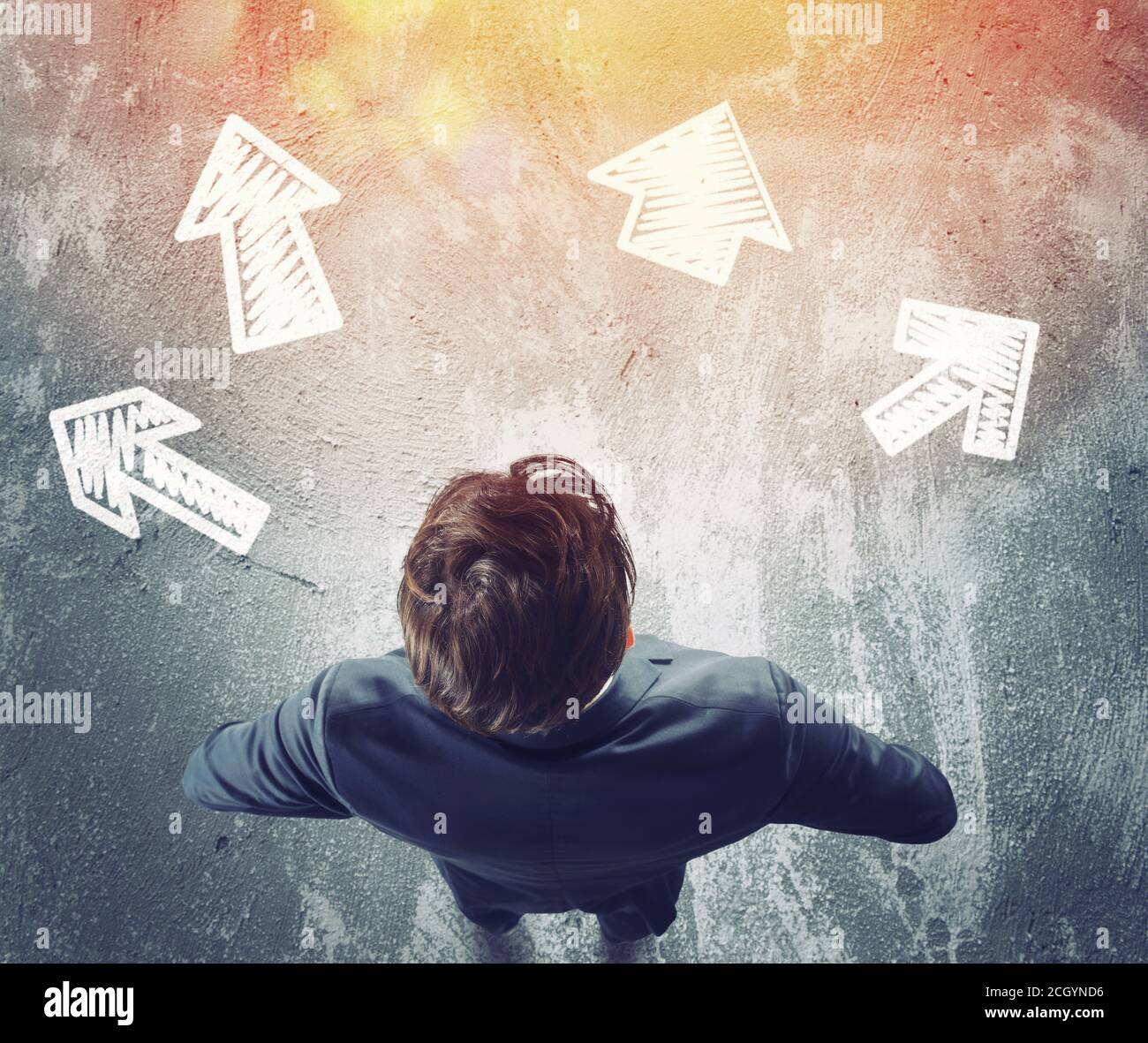 Confused Man have to choose the right arrow to follow. Concept of ...